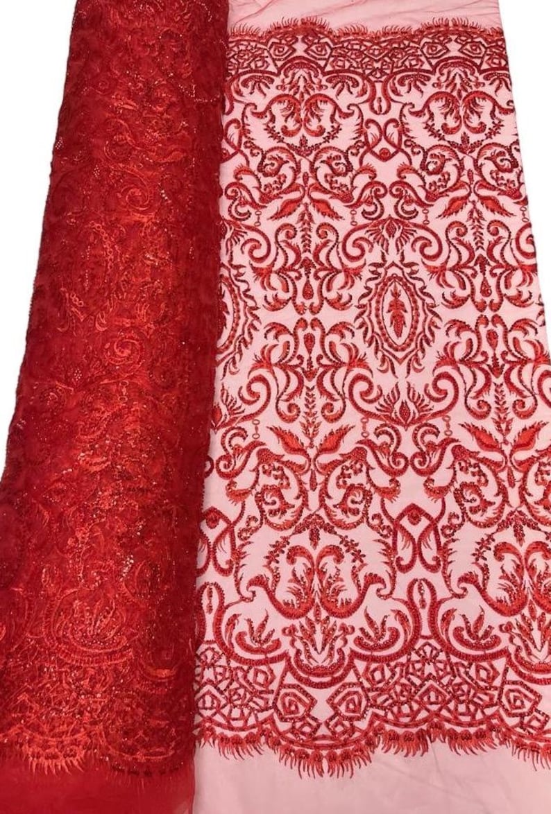 Red Floral Damask Pattern Beaded Fabric - Embroidered Beaded on a Mesh ...