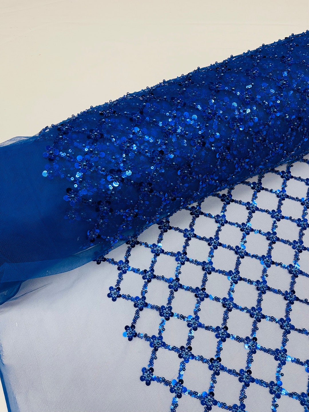 Royal Blue Geometric Pattern Bead Fabric, Embroidery Beaded Sequins ...