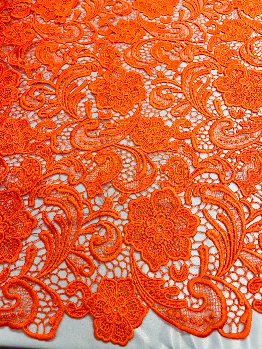 Mia Fabrics Inc, Orange Guipure Lace Fabric Floral Bridal Lace Guipure ...