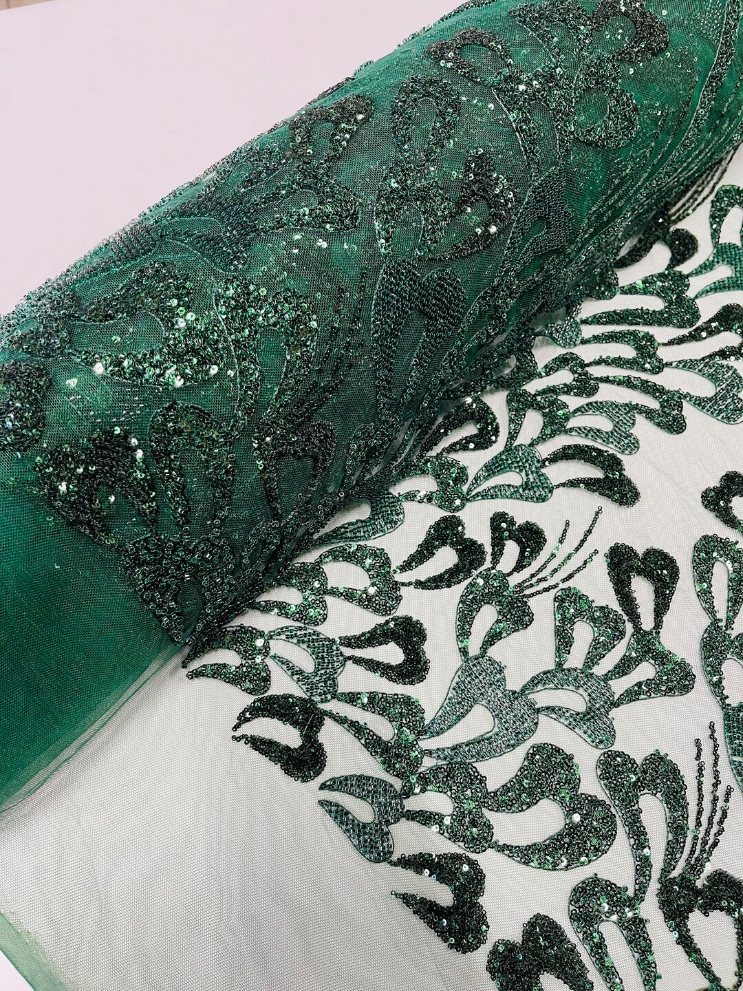 Hunter Green Beaded Lines Leaf Pattern Beaded Fabric - Embroidered Line ...