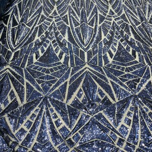 Navy Blue Sequins on Mesh, Geometric Design Embroidered on a Mesh 4way ...