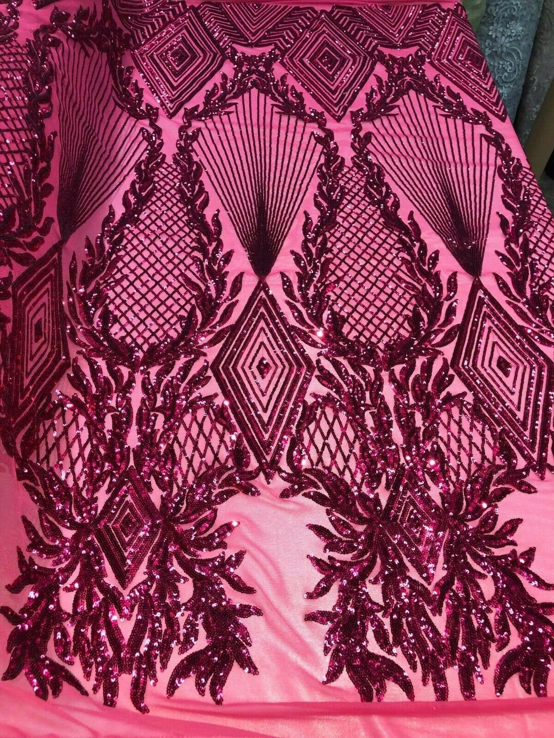 Fuchsia Sequins Fabric - 4 Way Stretch Geometric Diamond Design on Mesh ...