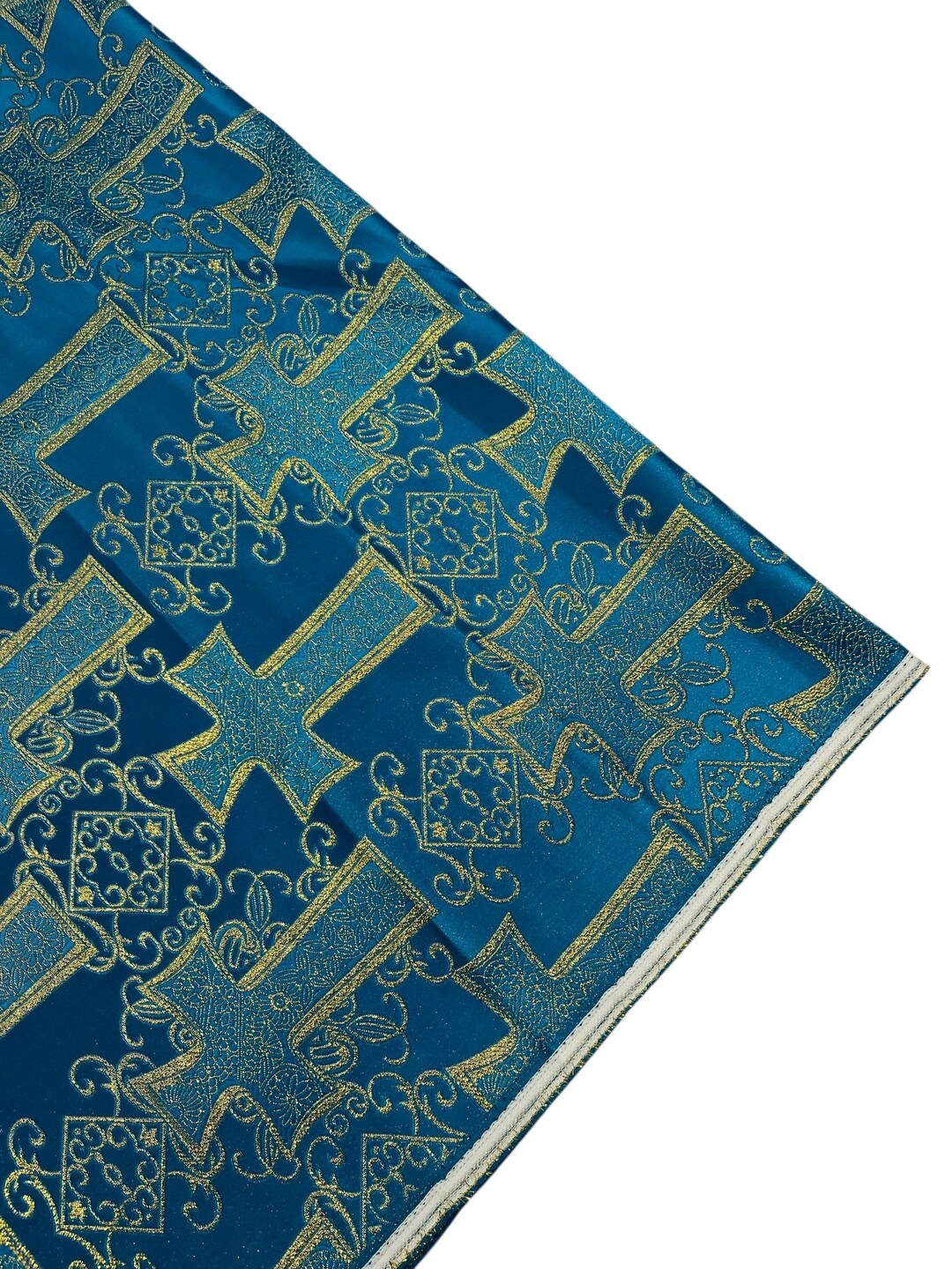 Teal Gold Liturgical Metallic Cross Brocade Fabric by the Yard ...