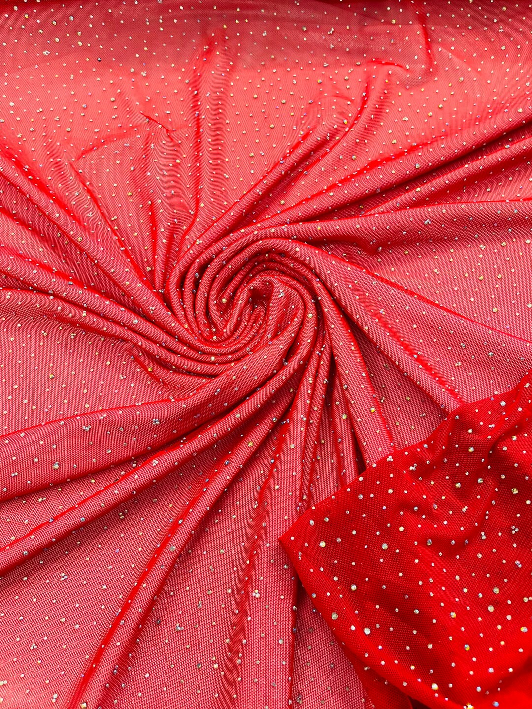 Red | AB Rhinestones Fabric on Red Power Mesh Polyester Spandex Fabric ...