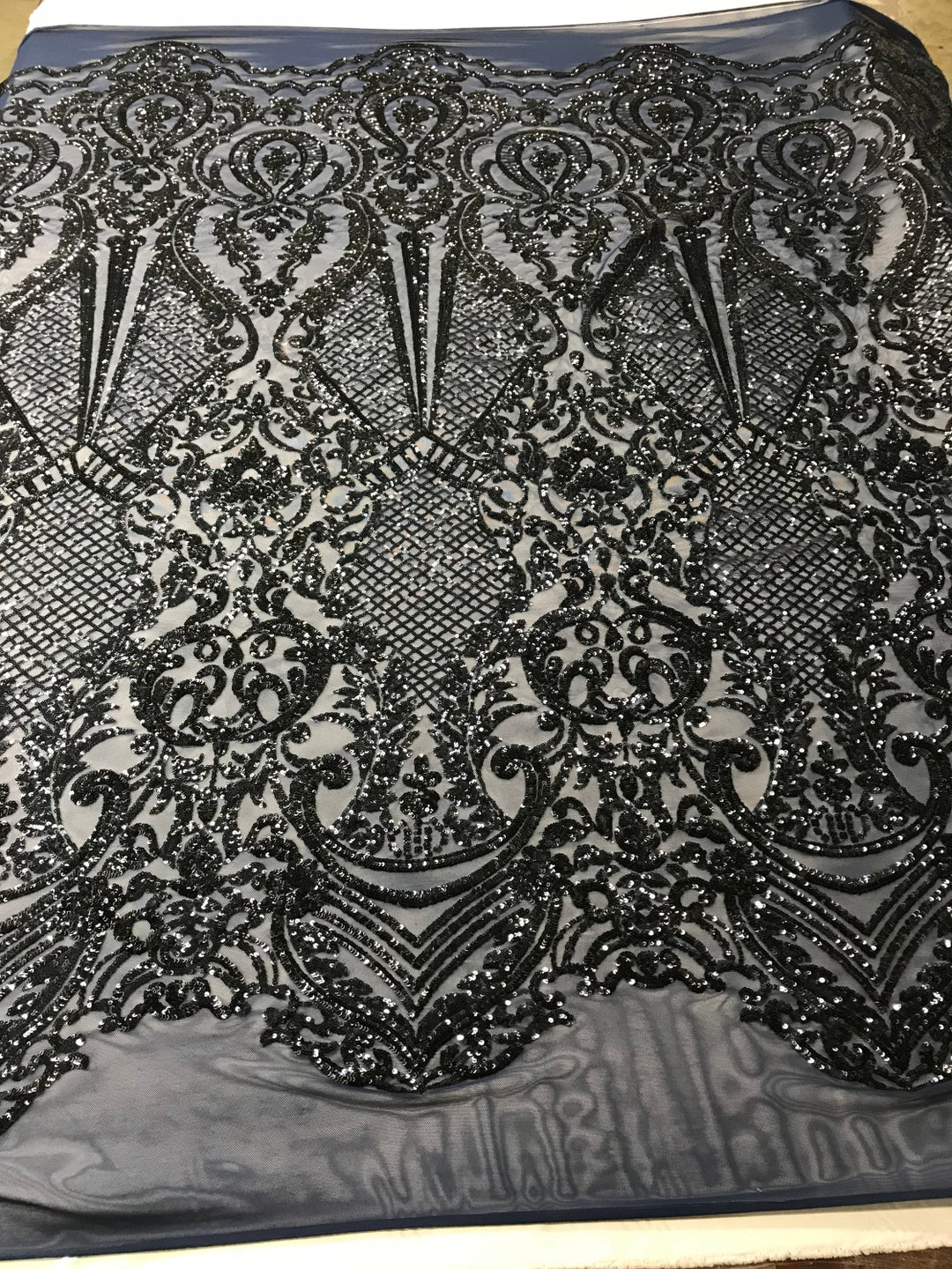 Navy Sequin Lace Fabric: Damask Embroidered Mesh, 4-way Stretch - Etsy