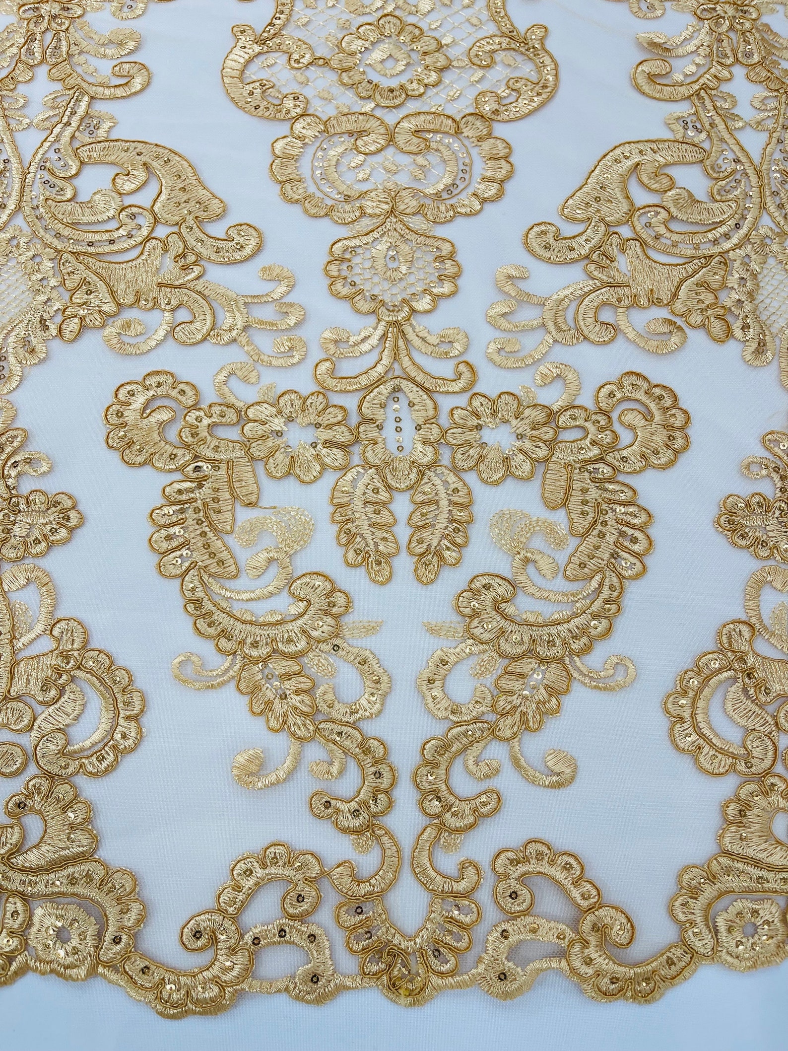 Gold Corded Lace Fabric, Floral Embroidery Sequins, Wedding Bridal Gown ...