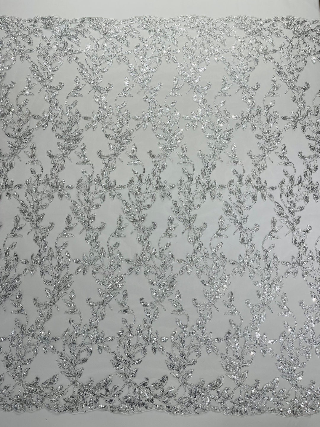 Silver Metallic Thread Leaf Design Embroidered With Sequins on a Mesh ...