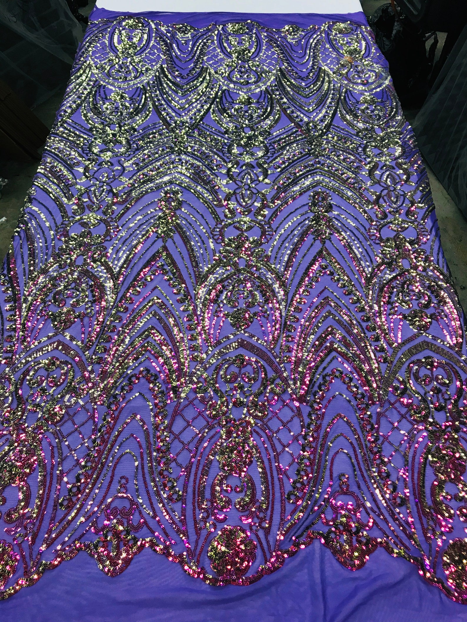 Iridescent Purple Sequin/purple Mesh Damask Design 4 Way - Etsy