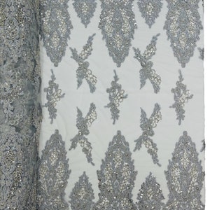 Silver Beaded Fabric by the Yard, Floral Embroider and Heavy Beaded on ...