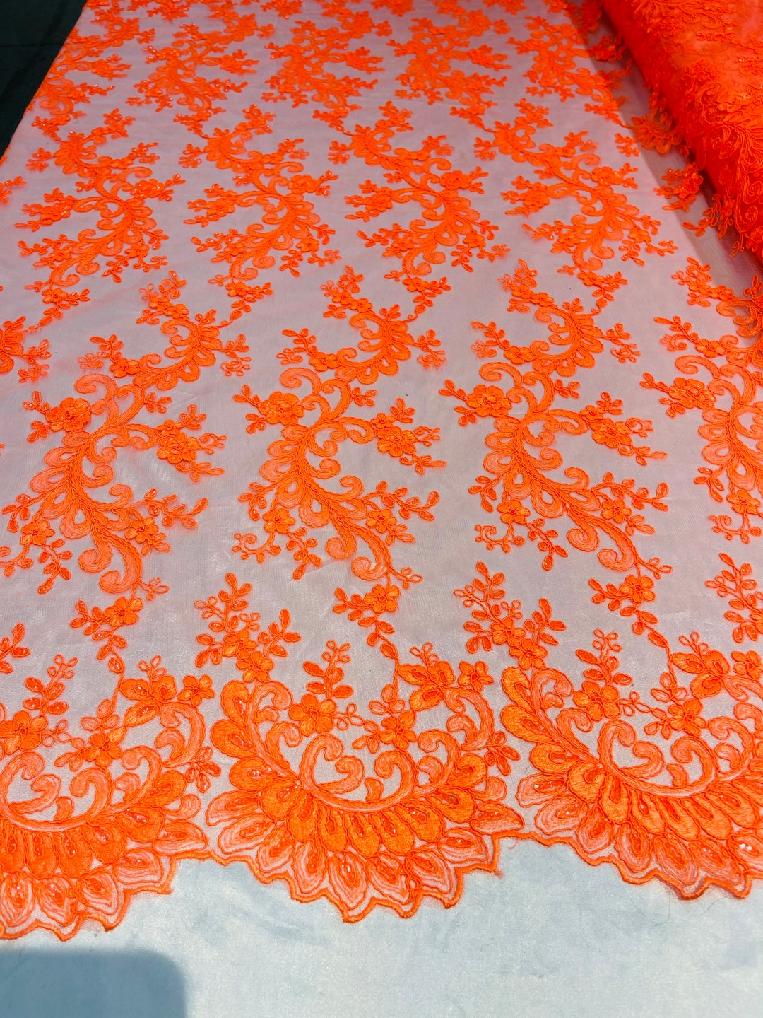 Neon Orange Floral Lace Fabric, Embroidery With Sequins on a Mesh Lace ...