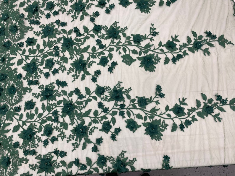 Hunter Green 3D Floral Embroidered Mesh Lace With Pearls, Apparel by ...
