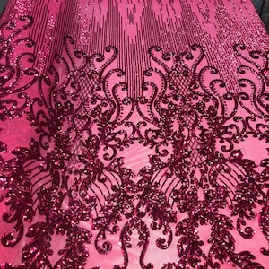 Fuchsia Sequins Lace Fabric on a Mesh Damask Design Embroidered on 4 ...