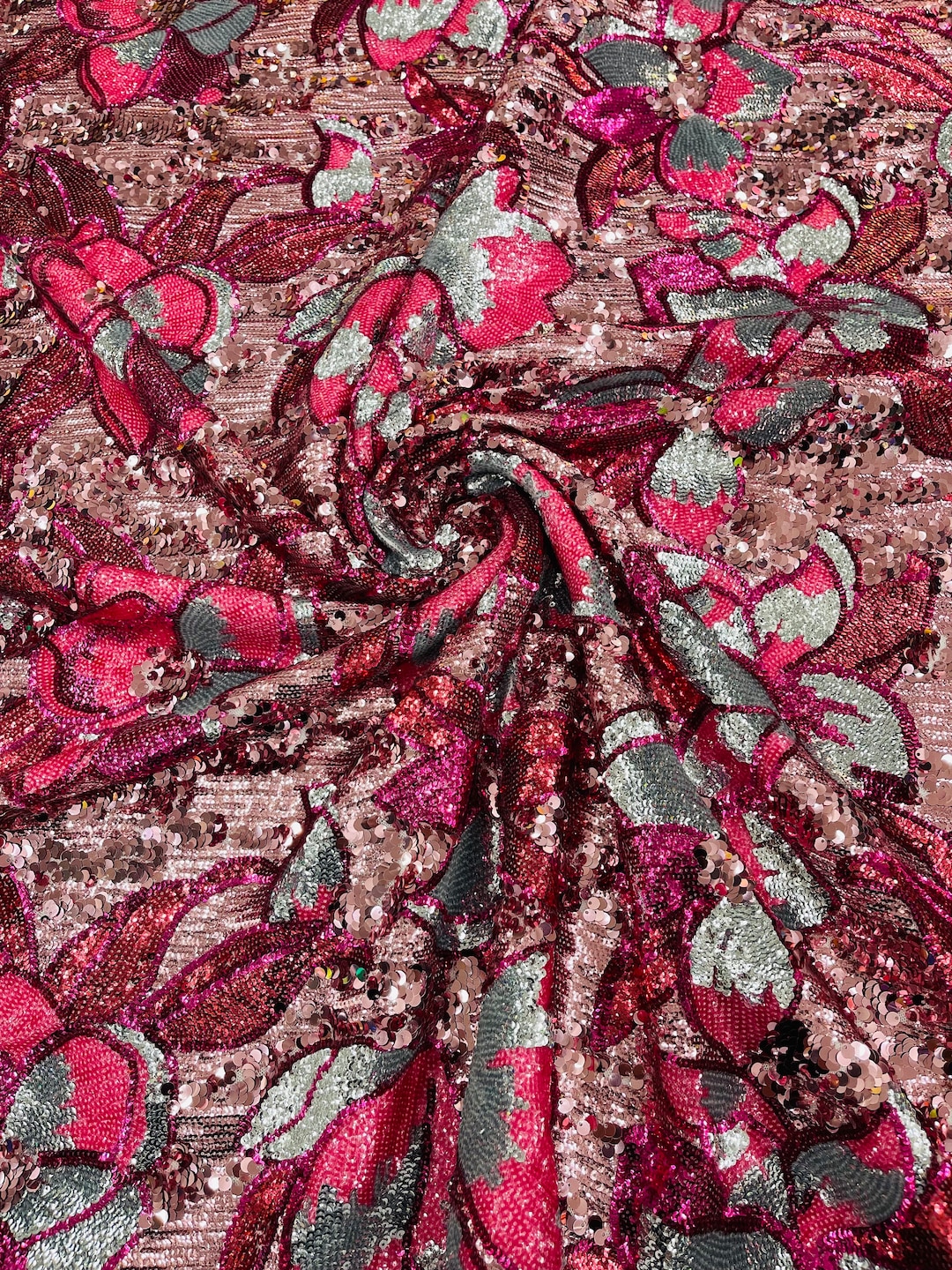 Fuchsia Sequin Fabric Orchid Flower Desing by the Yard Embroidery Full ...