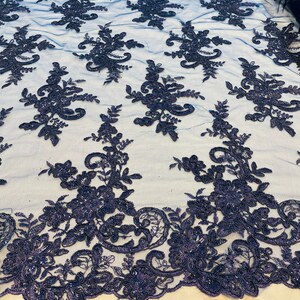 Navy Corded Lace Fabric: Floral Embroidery With Sequins, Bridal Gown ...