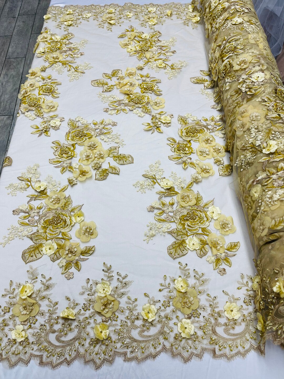 GOLD/YELLOW 3D Floral Design Embroider and Beaded With Pearls on a Mesh ...