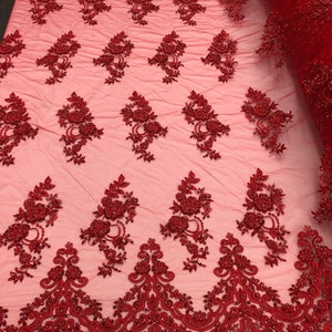 Red Floral Cluster Beaded Fabric - Embroidered Flower Beaded Fabric ...