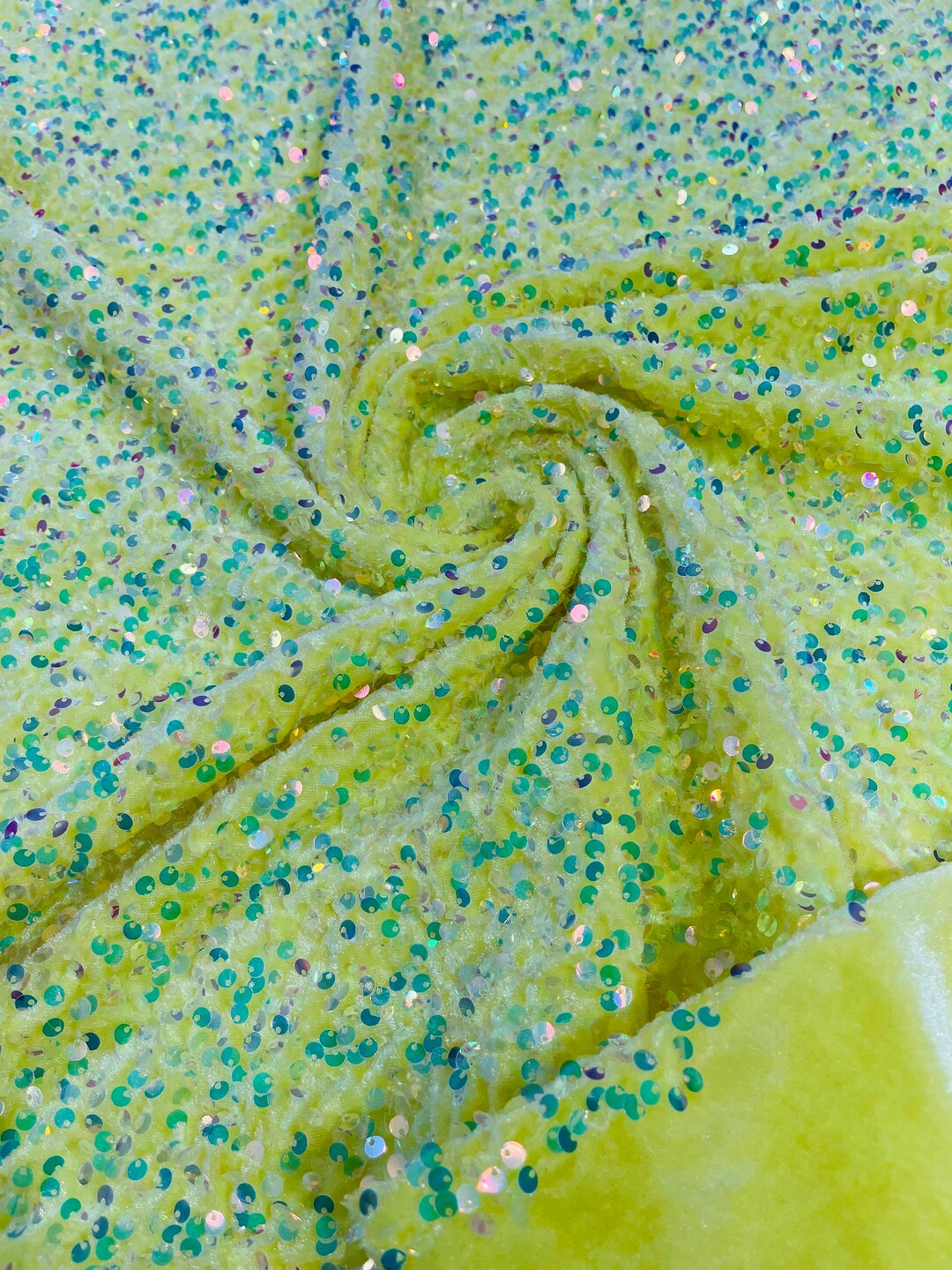 Clear Iridescent Sequin Fabric on Yellow Stretch Velvet by the Yard All ...
