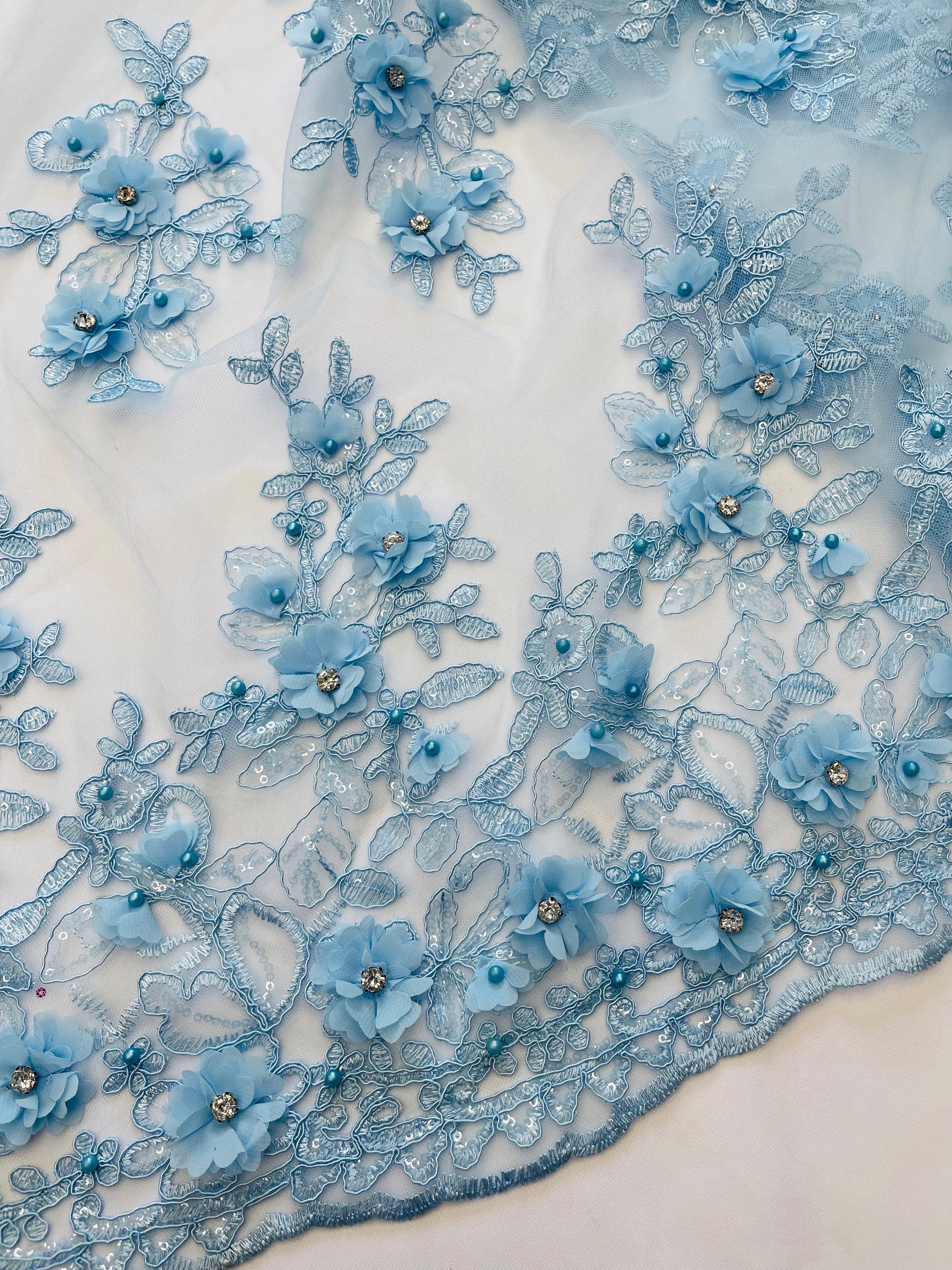 Baby Blue 3D Floral Embroidery Lace Fabric With Rhinestones & Sequins ...