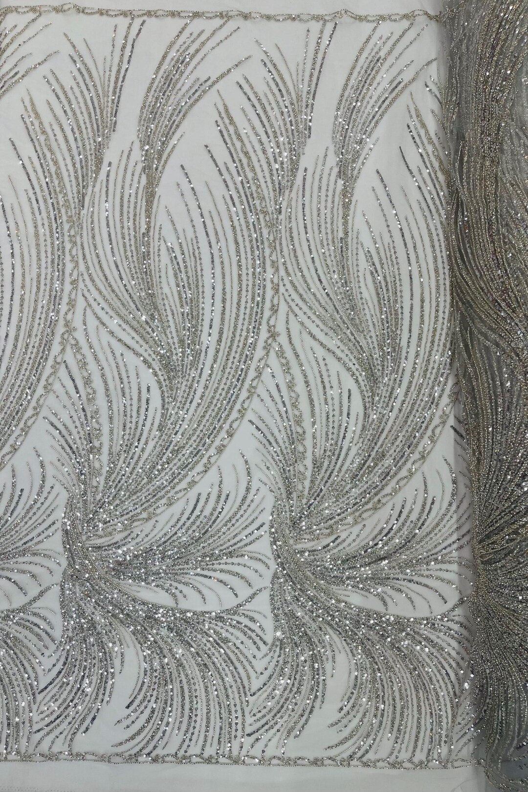 Silver Beaded Mesh Fabric by the Yard, Fashion Pattern With Beads and ...