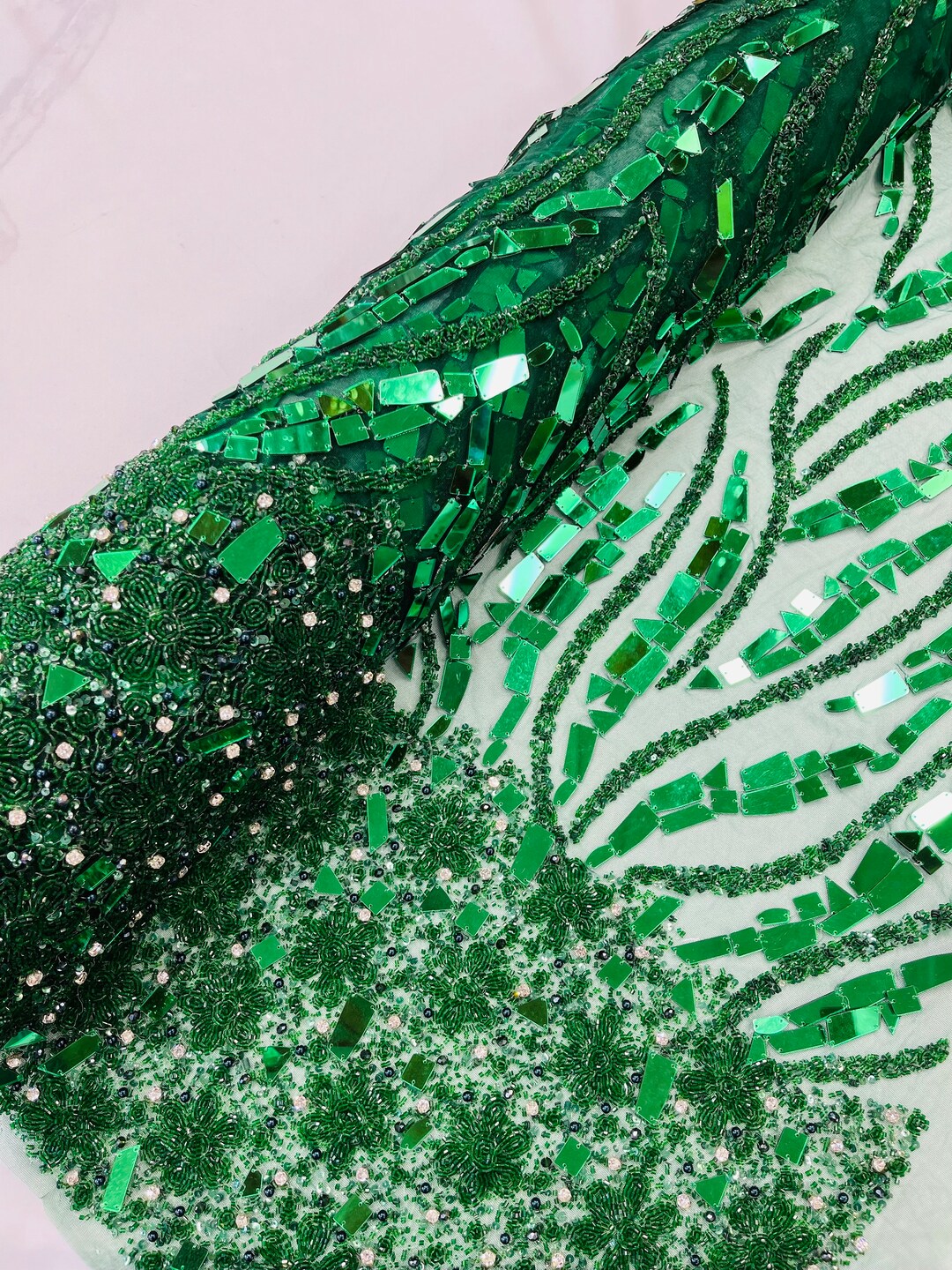 Green Fashion Beaded Fabric by the Yard | Bridal Heavy Beaded ...