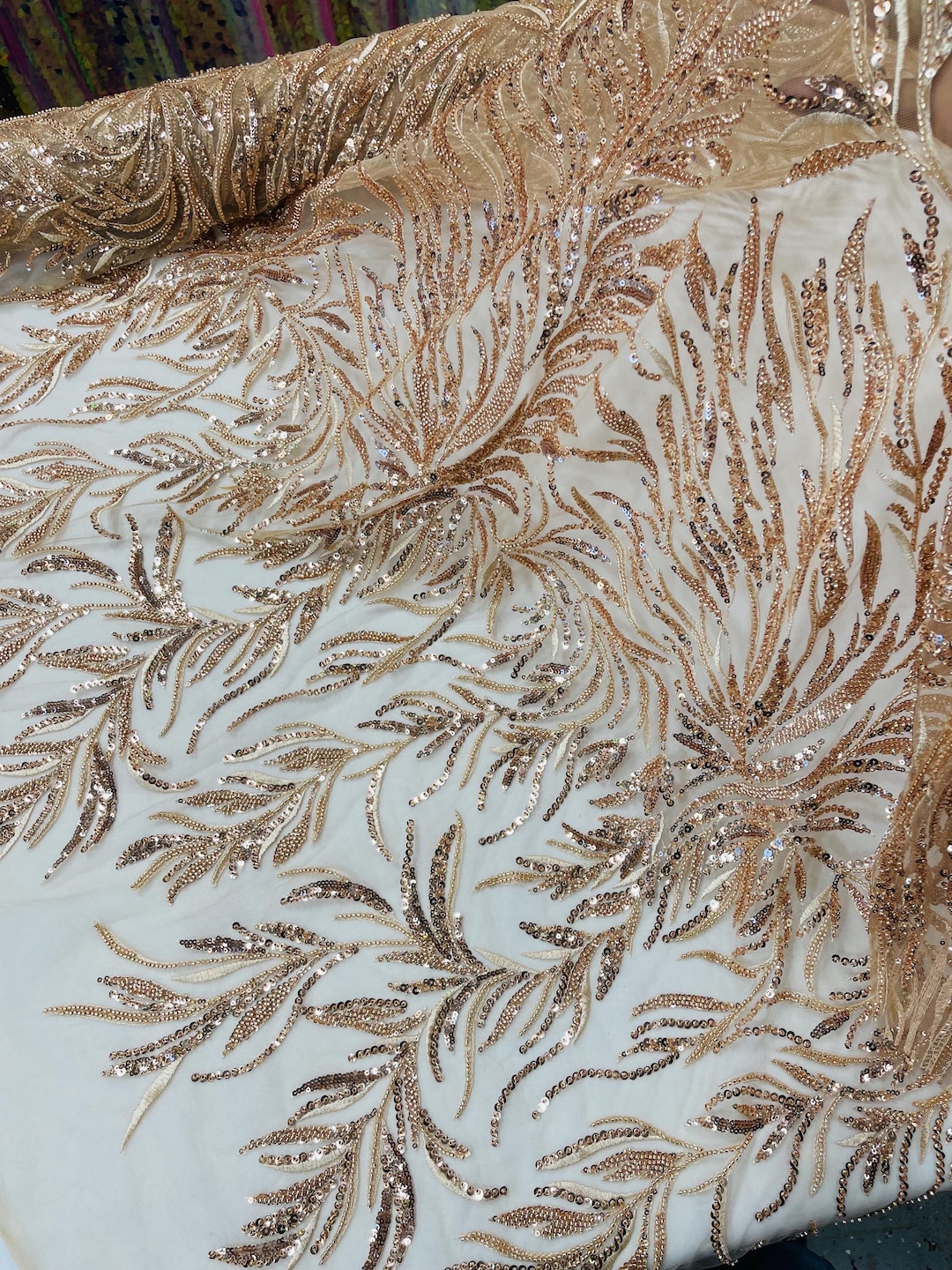 Champagne Beaded Fabric by the Yard, Bridal Beaded, Damask Pattern With ...