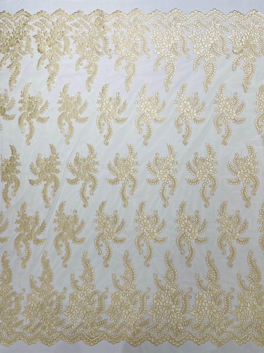 Light Champagne Floral Design Embroidered on Mesh Lace Fabric, Flower ...