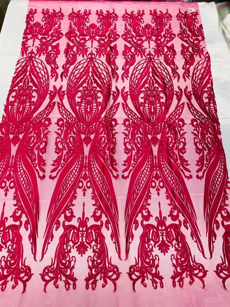 Fuchsia Floral Embroidered Lace Fabric, Wedding Gown Mesh Lace, by the ...