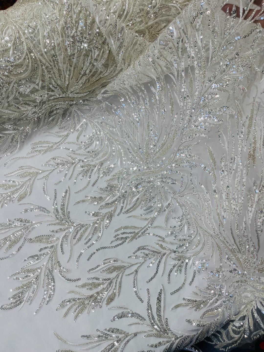 Beaded Damask Fabric: off White Sequin Appliqué Lace - Etsy