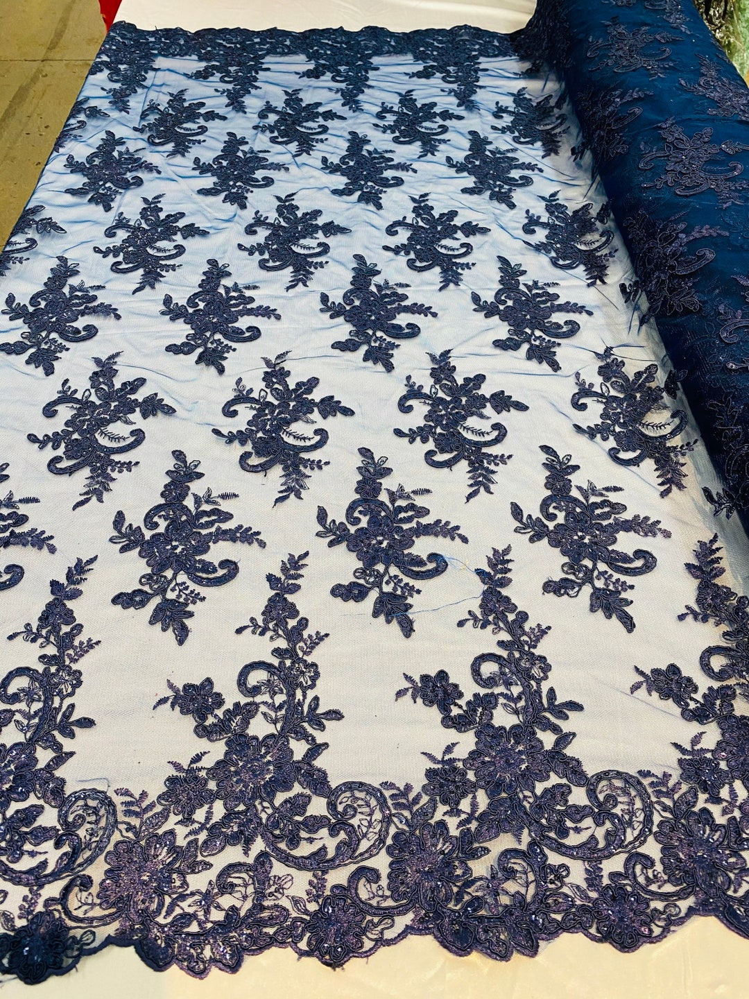 Navy Corded Lace Fabric: Floral Embroidery With Sequins, Bridal Gown ...