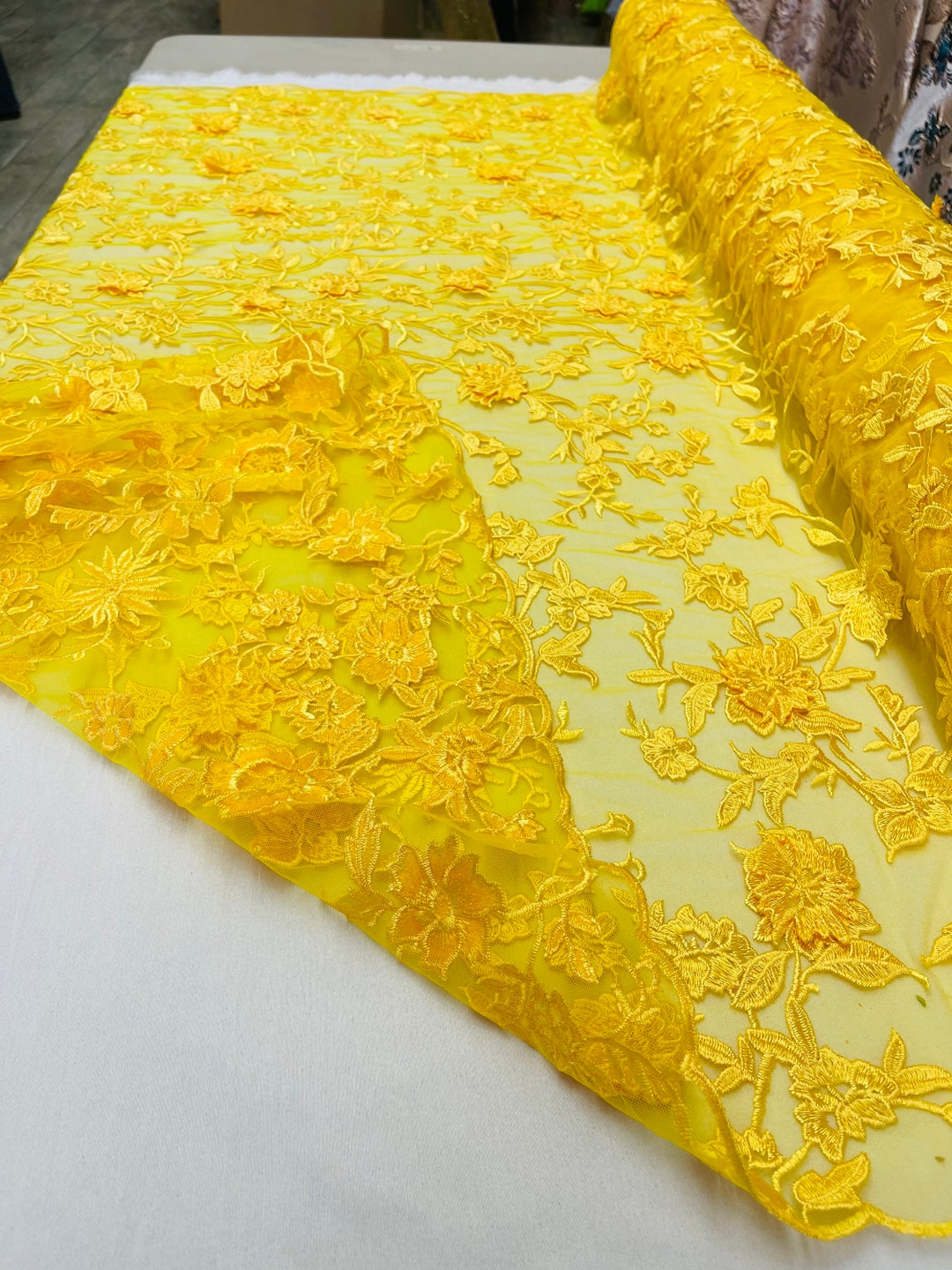 Yellow 3D Flower-floral and Leaves Embroidery on a Mesh Lace Fabric ...