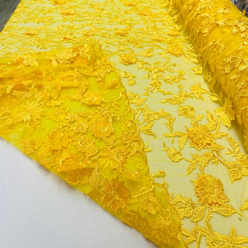 Yellow Damask Design Embroidered on Mesh Lace Fabric Floral - Etsy