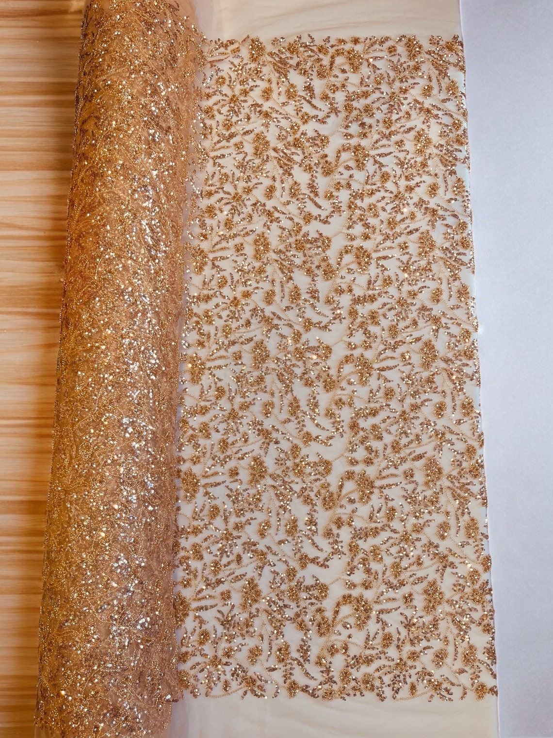 Rose Gold Beaded Floral Lace Fabric: Embroidered Sequins, Bridal ...