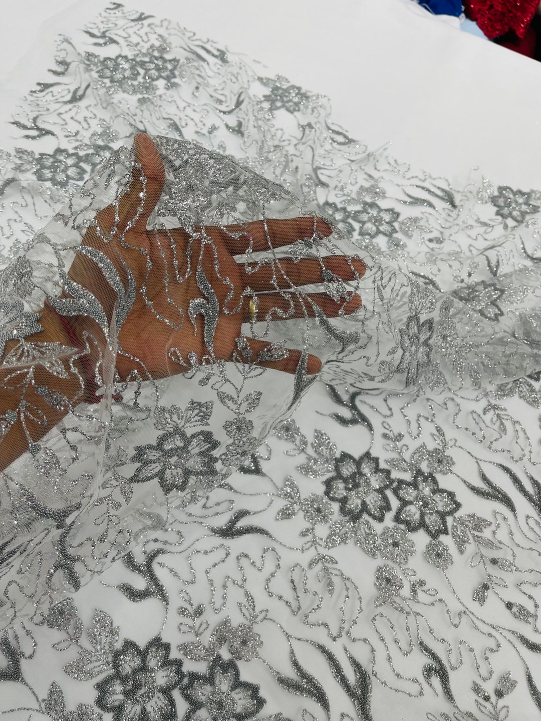 Metallic Silver | Flower Glitter Fabric by the Yard, Tulle Glitter ...