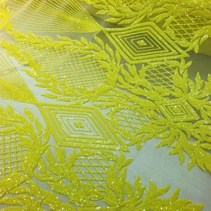 YELLOW Geometric Design on Spandex Mesh-prom-gown, 4 Way Stretch Sequin ...