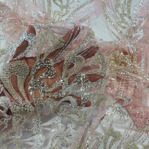 Clear on Pink Beaded Lines Leaf Pattern Beaded Fabric - Embroidered ...