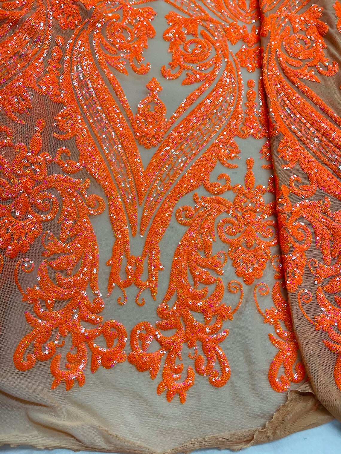 Orange Holographic Sequin Fabric on Skin Mesh 4 Way Stretch - Damask ...