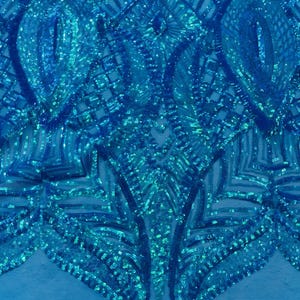 Iridescent Turquoise Sequin Fabric: Royalty Embroidered Mesh, Prom Gown ...