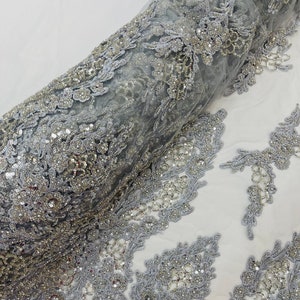 Silver Beaded Fabric by the Yard, Floral Embroider and Heavy Beaded on ...