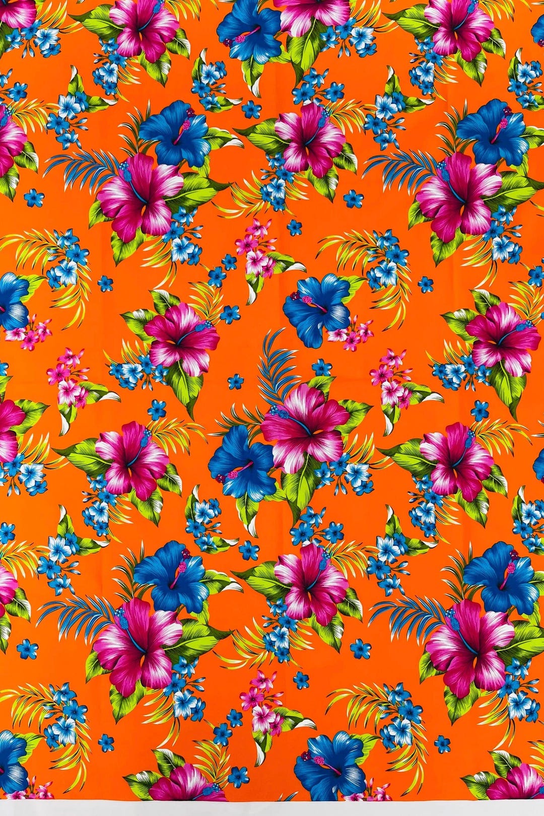 Orange Hawaiian Floral Print Cotton Fabric - Tropical Style, 45" Wide ...