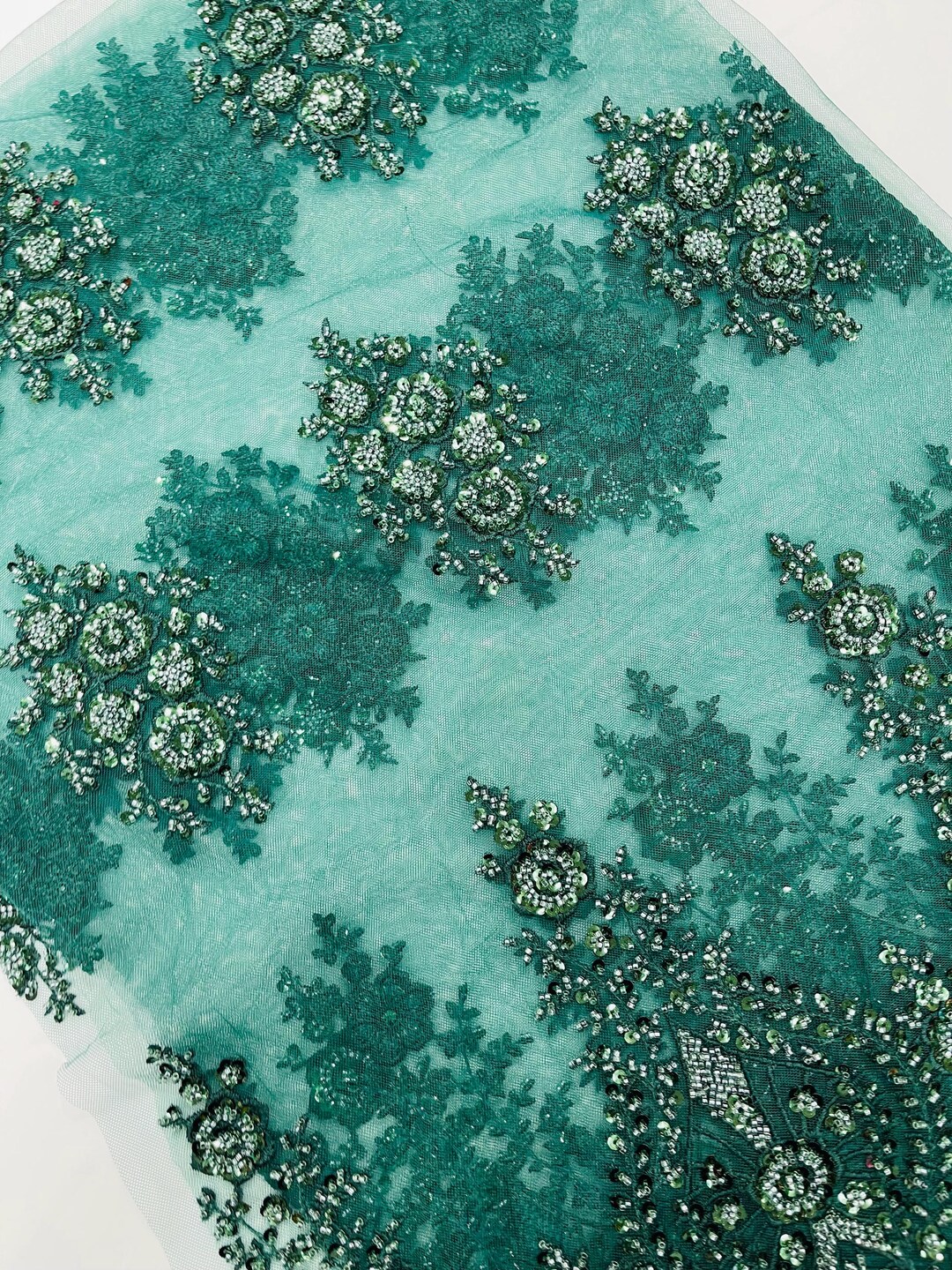 Hunter Green Embroidery Beaded Fabric With Sequin on a Mesh, JP Desing ...