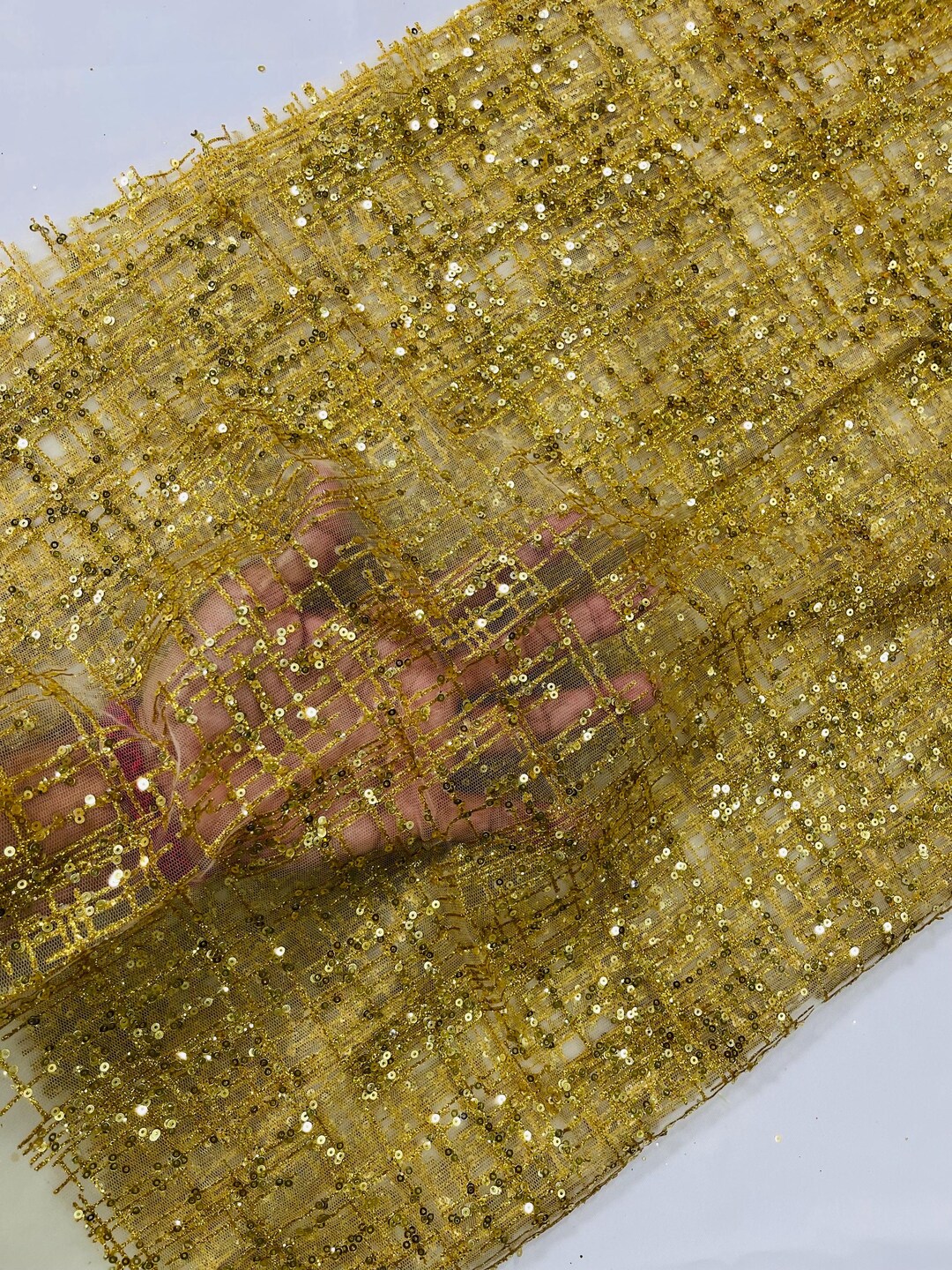 Gold Glitter Fabric on a Mesh Lace Fabric by the Yard for Wedding Decor ...