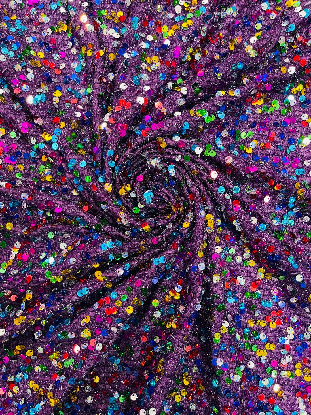 Multi Color Hologram Sequin Fabric on Purple Fabric: Confetti Sequins ...