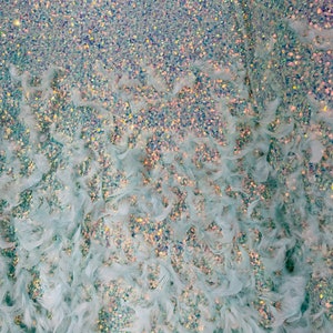 Clear Iridescent Sequin Velvet Fabric With Feathers on Mint Stretch ...