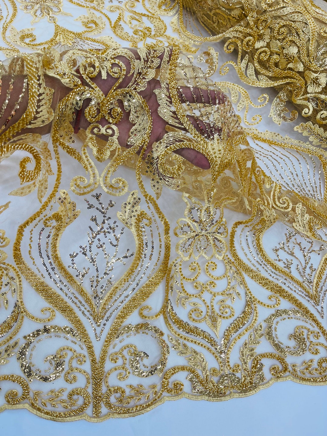 Gold Beaded Damask Fabric: Bridal Sequined Lace, 50-54" Wide - Etsy