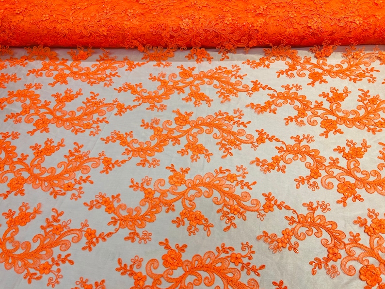 Neon Orange Floral Lace Fabric Embroidery With Sequins on a - Etsy