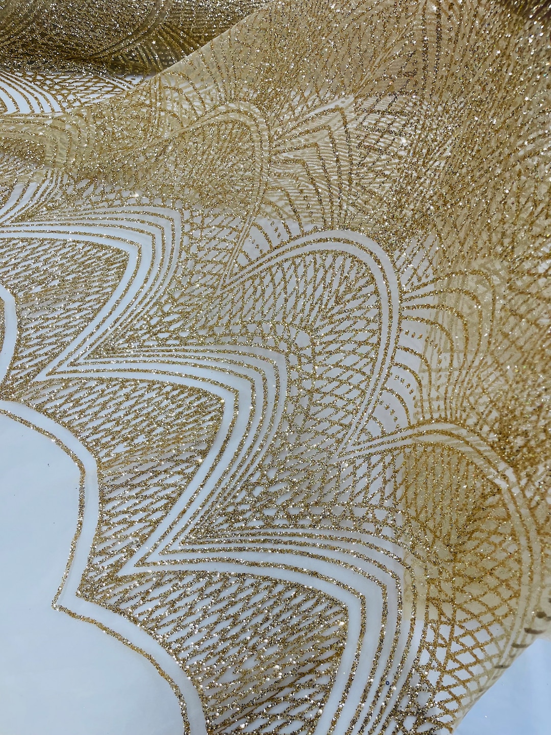 Gold Glitter on Mesh Lace Fabric by the Yard for Wedding Decor Damask ...