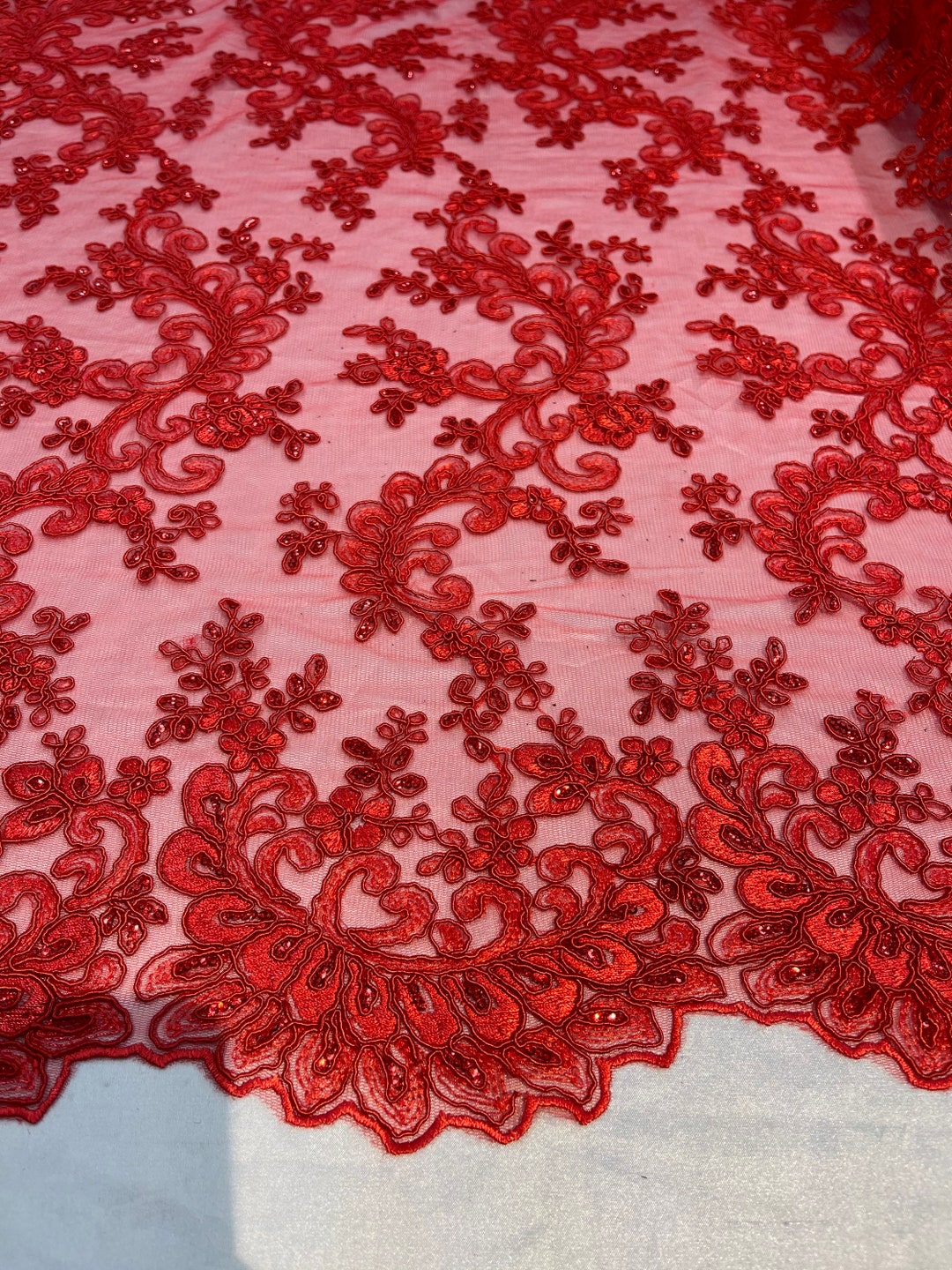 Red Floral Lace Fabric: Embroidered Sequins Mesh, Bridal Gown Material ...