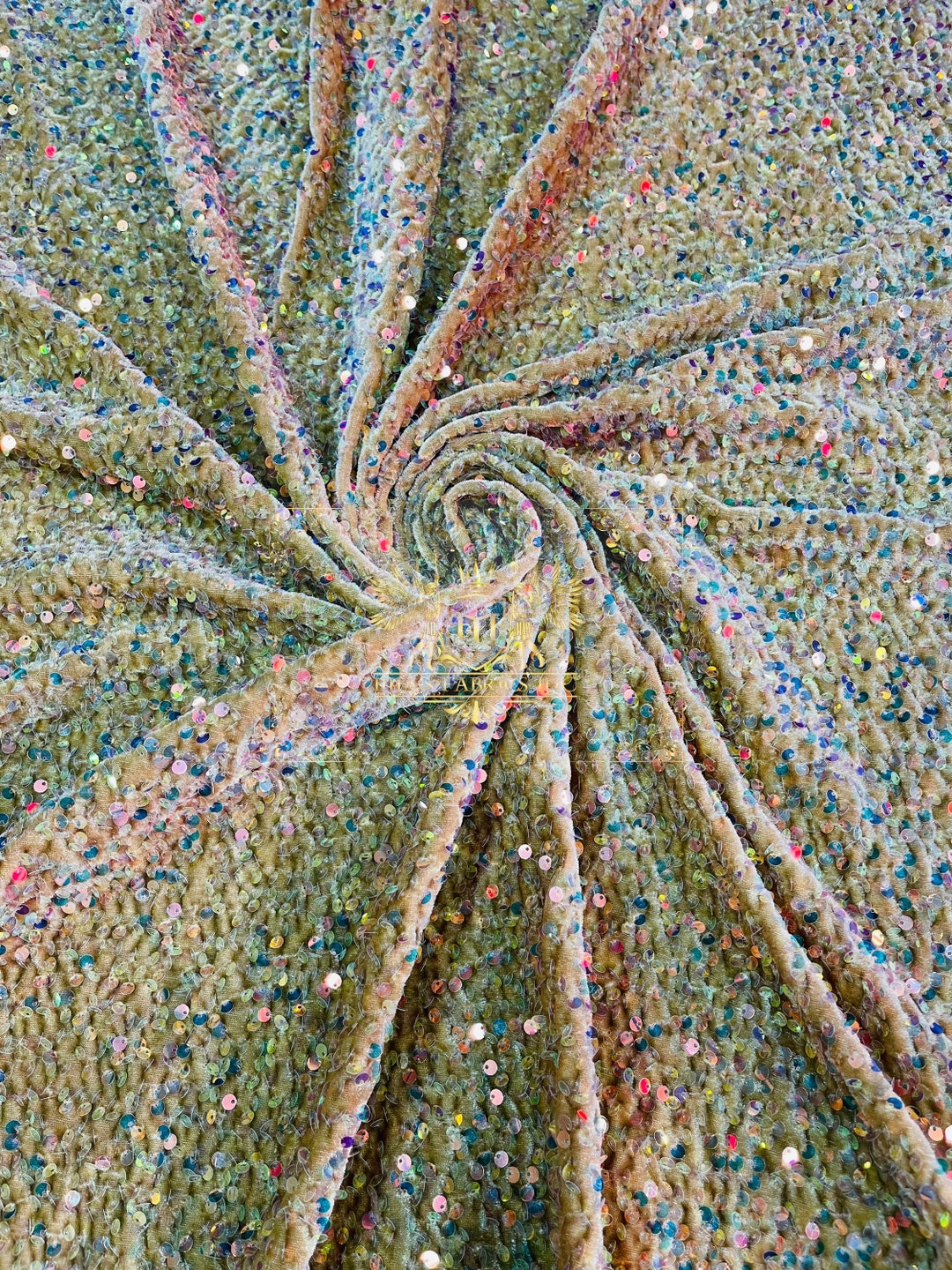 Clear Iridescent Sequin Fabric | on Gold Stretch Velvet | by the Yard ...