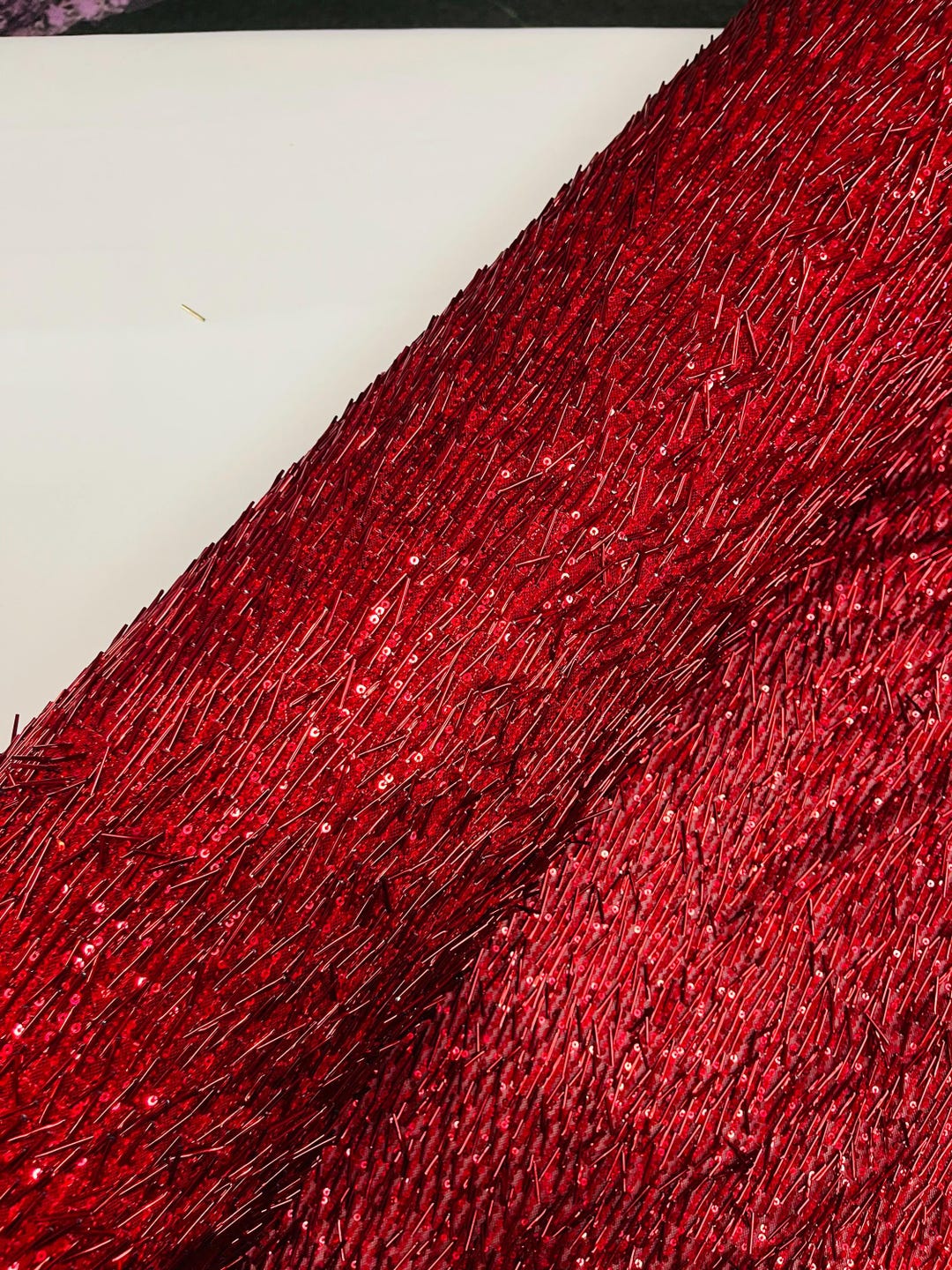 Red Gleam Beaded With Sequins Stretch Mesh Fabric by the Yard ...
