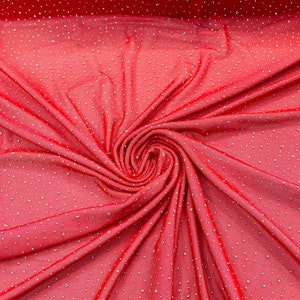 Red | AB Rhinestones Fabric on Red Power Mesh Polyester Spandex Fabric ...